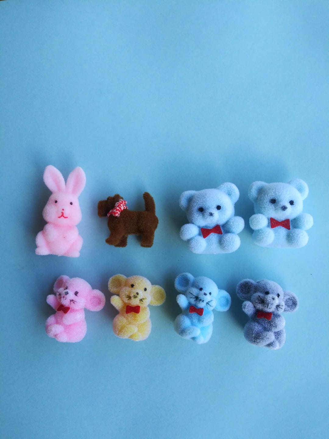 Vintage Flocked Animals Bears Mice Bunny Scotty Dog 8 Piece Miniature ...
