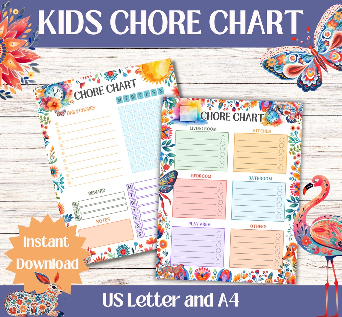 Folk Animals Kids Summer Chore Chart Checklist Printable Daily Routine ...