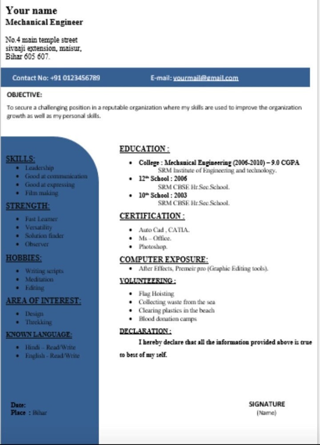 Resume for Freshers With and Without Photo. - Etsy