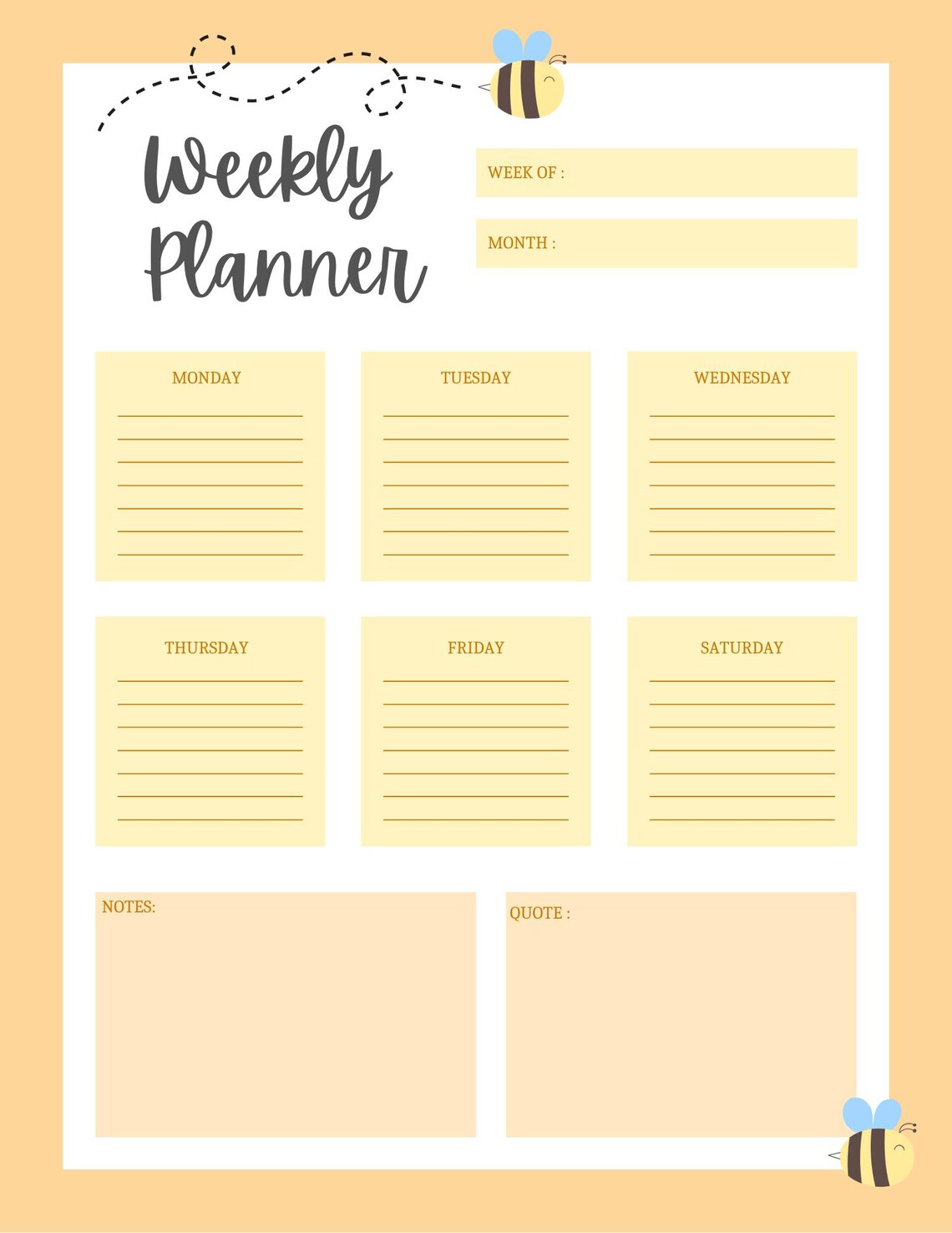 Digital Bumblebee Weekly Planner | Cute Bee Theme | Editable Canva ...