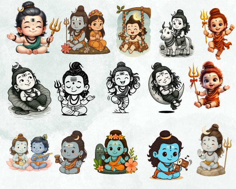 Baby Shiva Clipart Bundle – Cute Hindu God Pngs for Nursery Art ...