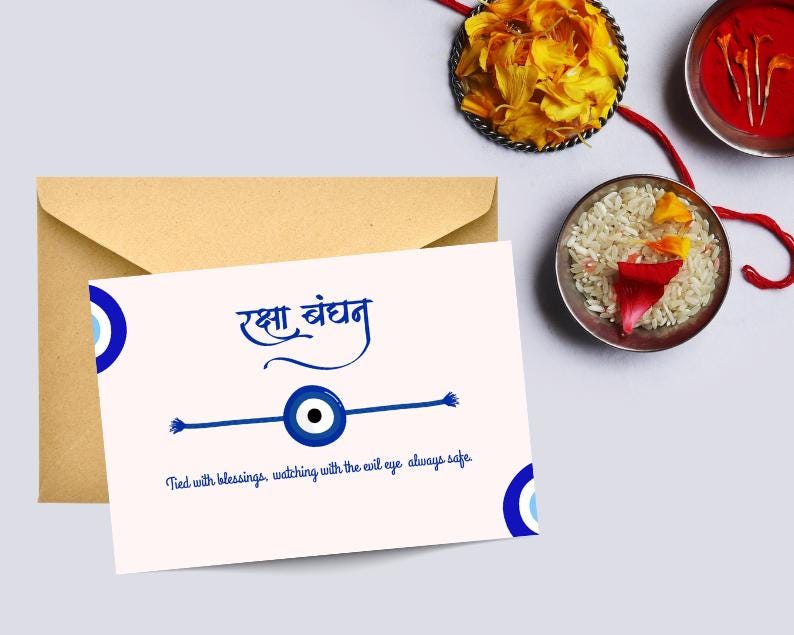 Good Luck Raksha Bandhan Card With Evil Eye | Printable Rakhi Greeting ...