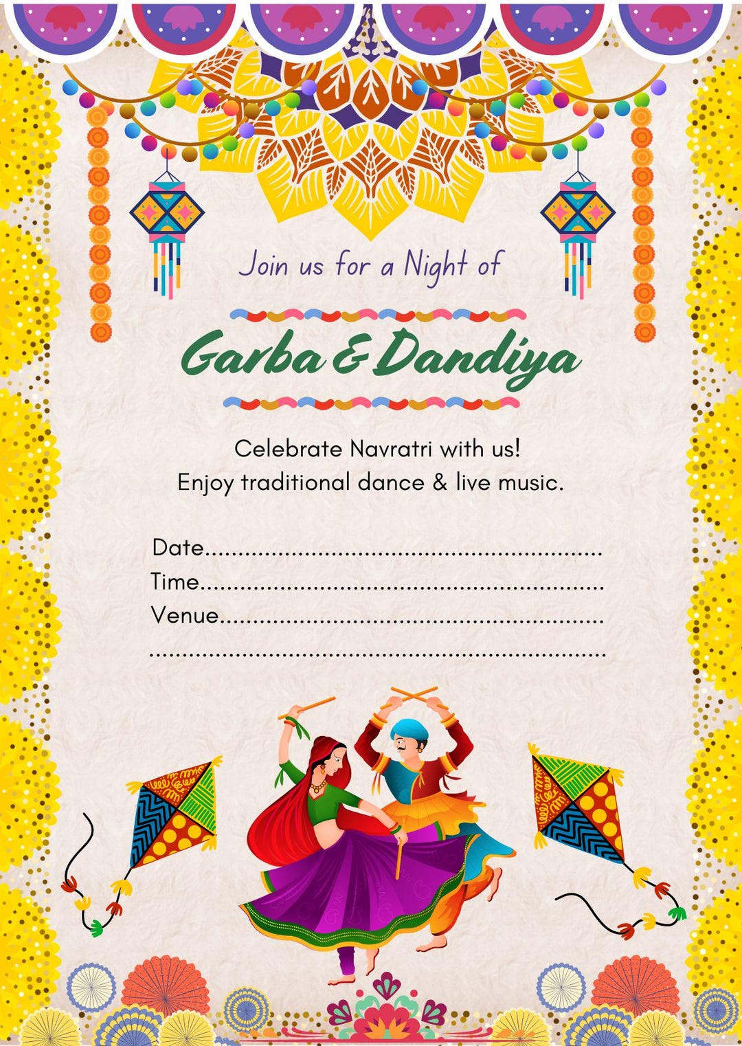 Garba Party Invitation Card Template Dandiya Night Chaniya Choli ...