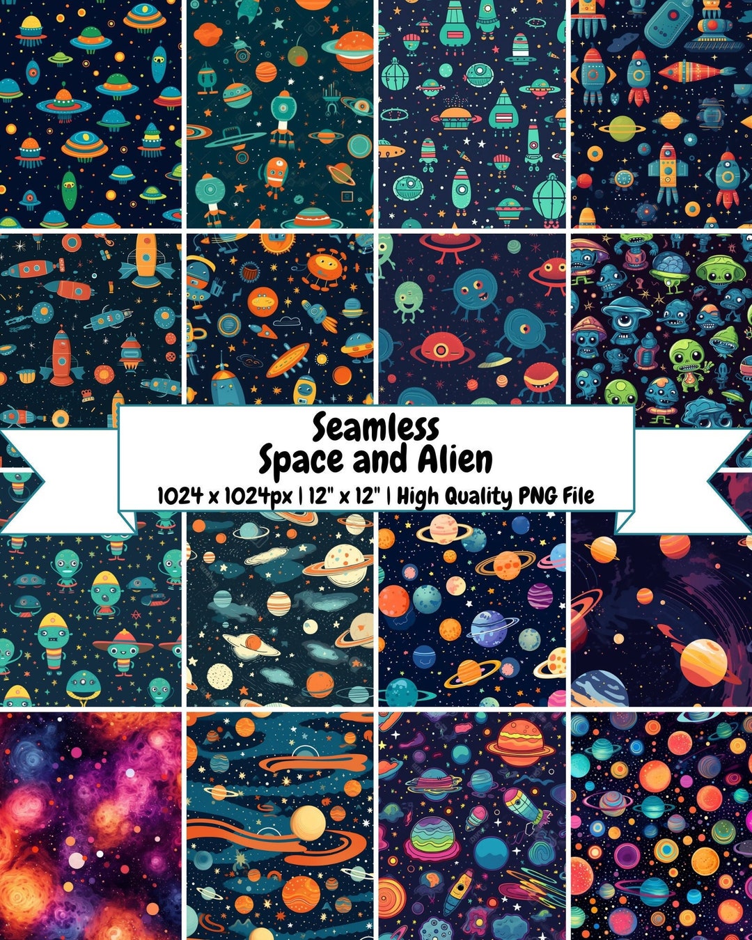 Playful Space and Alien Pattern Digital Bundle | 16 Seamless Pattern ...