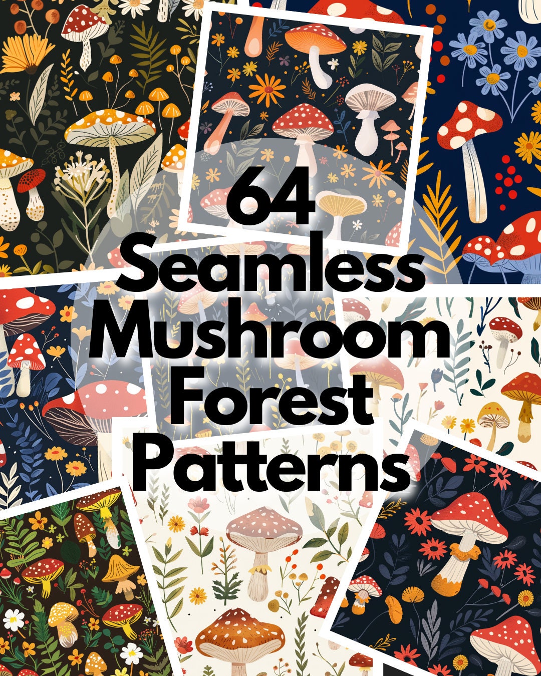 64 Seamless Mushroom Forest Pattern Digital Bundle | Digital Papers ...