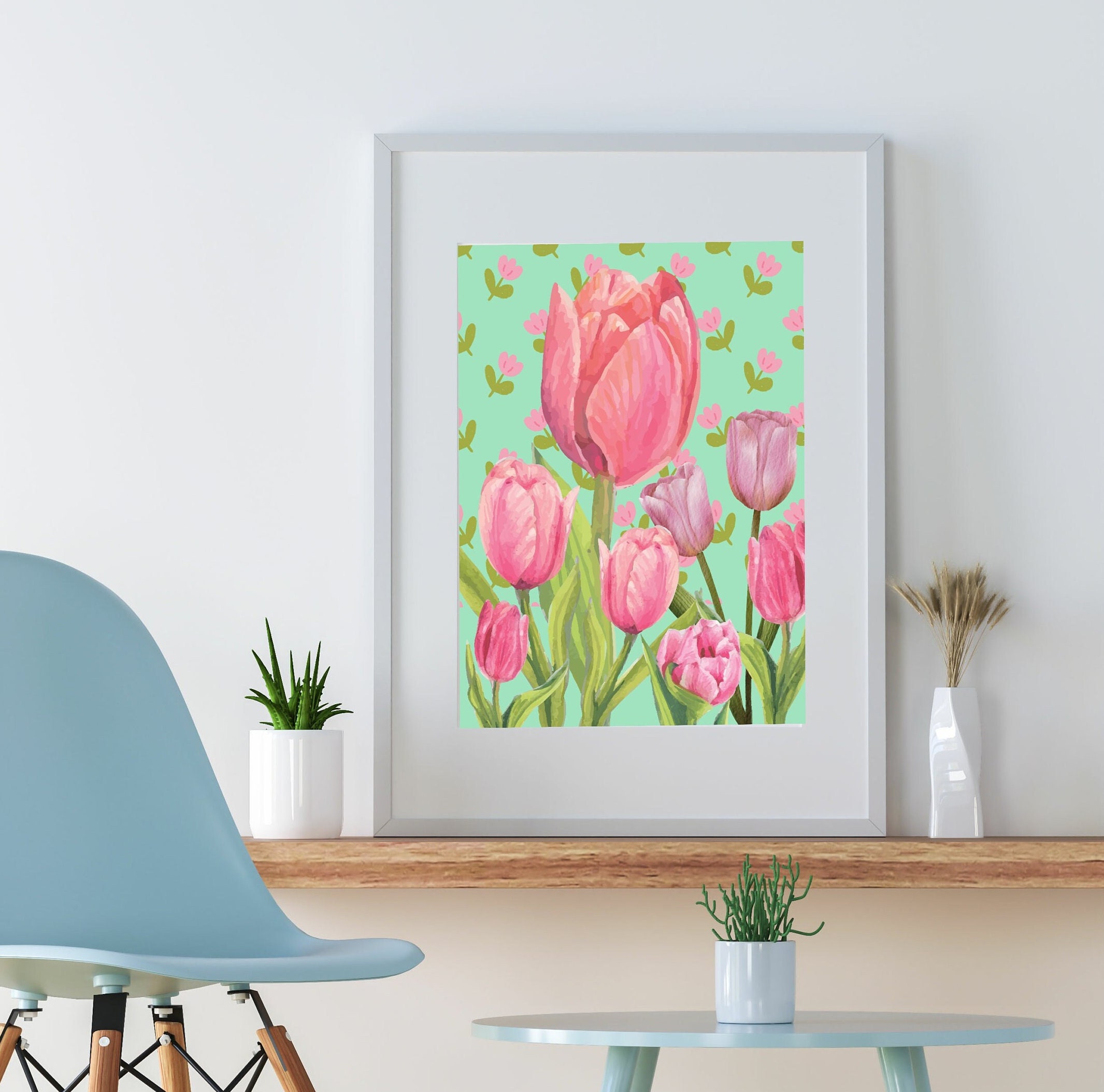 Tulips Artwork, Tulip Bouquet Art Print, Spring Flowers Printable, Pink ...