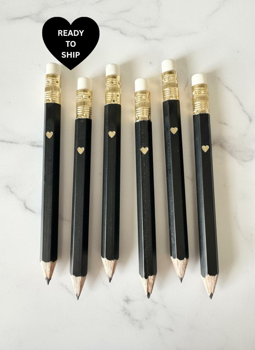 Matte Black Valentine Mini Pencils With Gold Hearts | Optional Notepad ...
