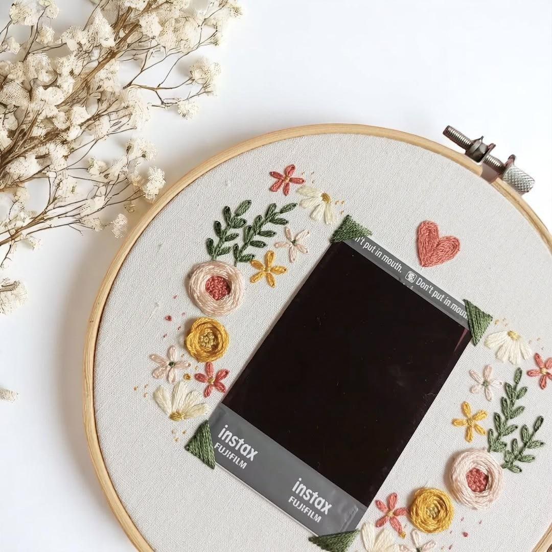 Flower Hand Embroidered Polaroid Photo Holder, Custom Handmade Picture ...