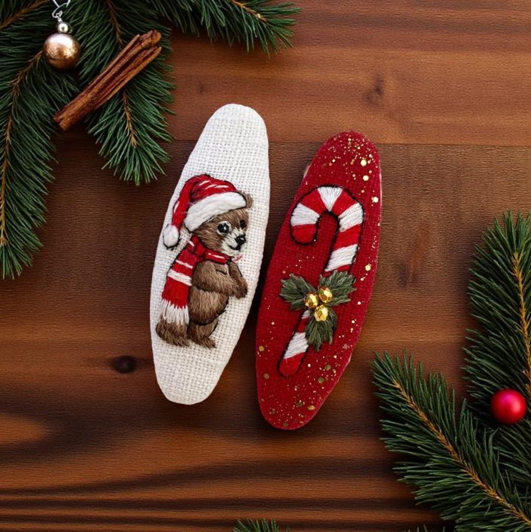 Christmas Bear or Candy Cane Embroidery Linen Hair Clip, Festive ...