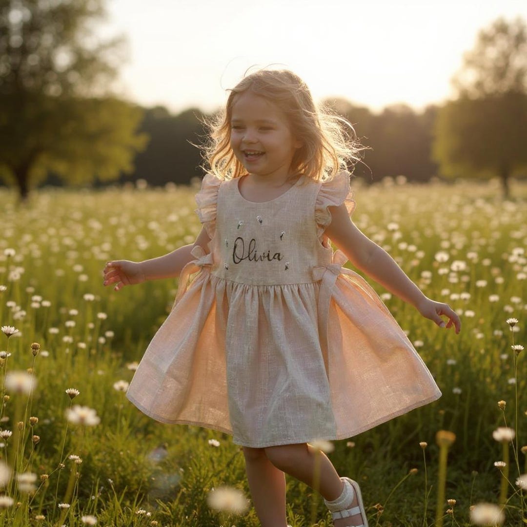 Custom Name Daisy Hand Embroidered Dress for Girls, Toddler Linen Dress ...