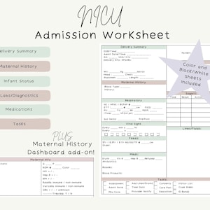 NICU Admission Worksheet, Bonus Maternal Information Dashboard, Instant ...