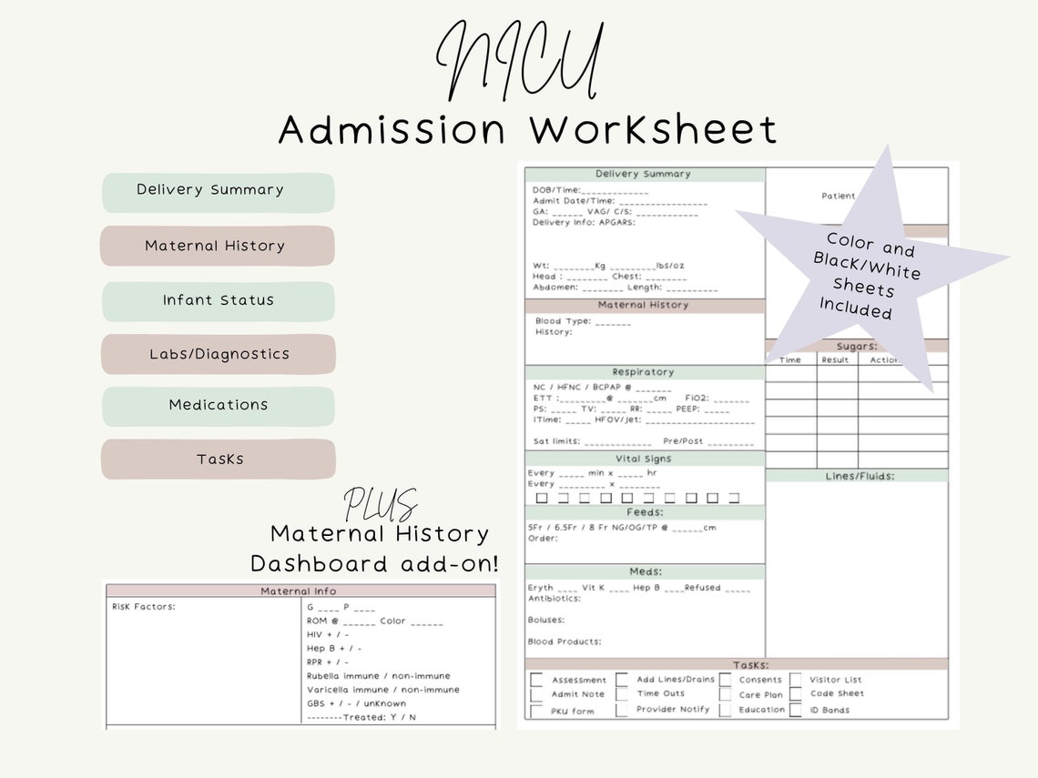NICU Admission Worksheet, Bonus Maternal Information Dashboard, Instant ...
