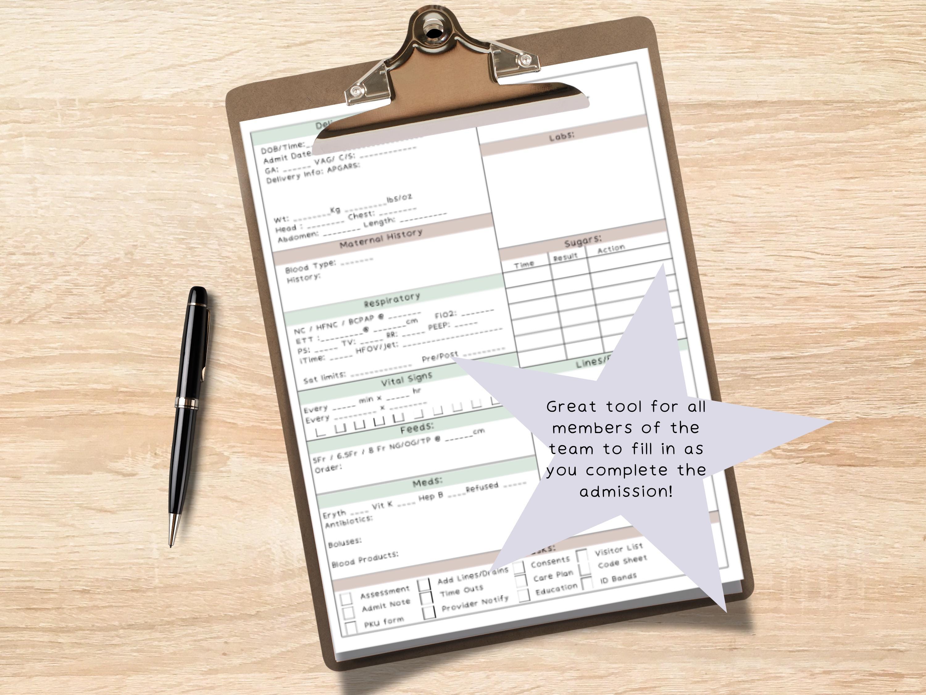 NICU Admission Worksheet, Bonus Maternal Information Dashboard, Instant ...