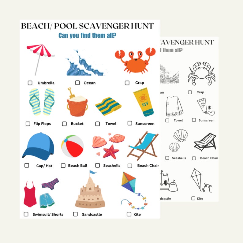 Beach/ Pool Scavenger Hunt for Kids, Outdoors Kids Activity and Family ...