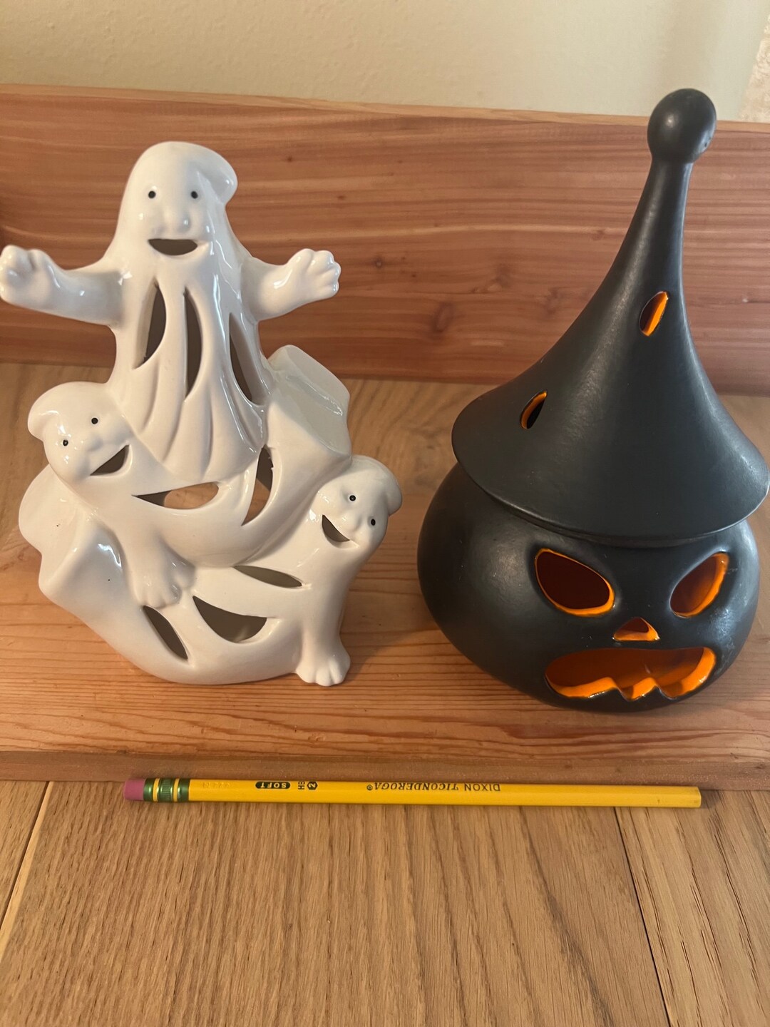 Halloween Tea Light Holder Set- Mean Face Jack O Lantern. Black and ...