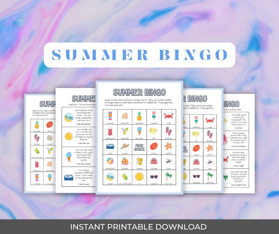 Summer Bingo, Printable Summer Bingo Game, Summer Activities for Kids ...