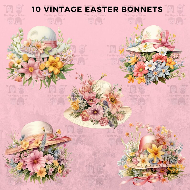 10 Vintage Easter Bonnets Clipart Pack - INSTANT DOWNLOAD, PNG ...