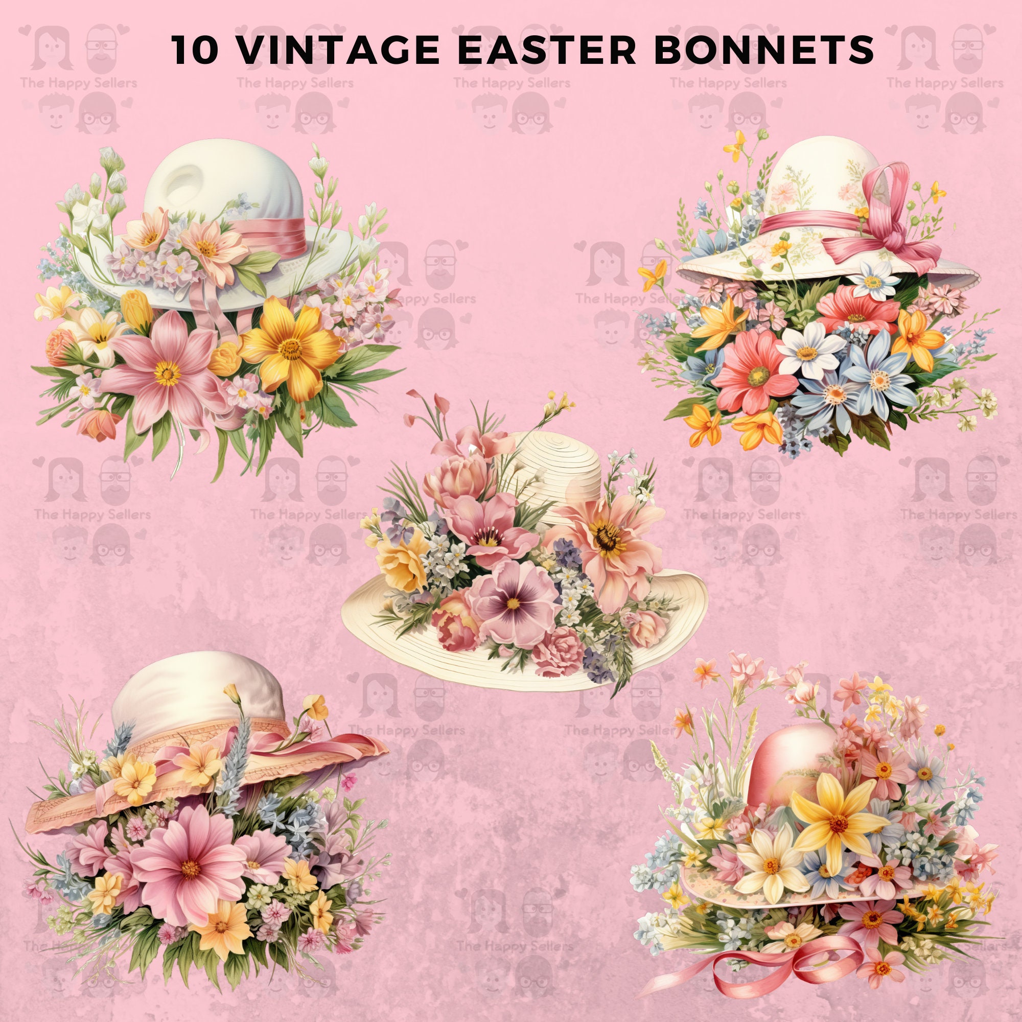 10 Vintage Easter Bonnets Clipart Pack - INSTANT DOWNLOAD, PNG ...