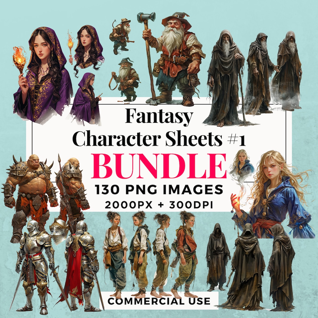 130 Fantasy Character Sheets Clipart Bundle - Instant Download, PNG ...