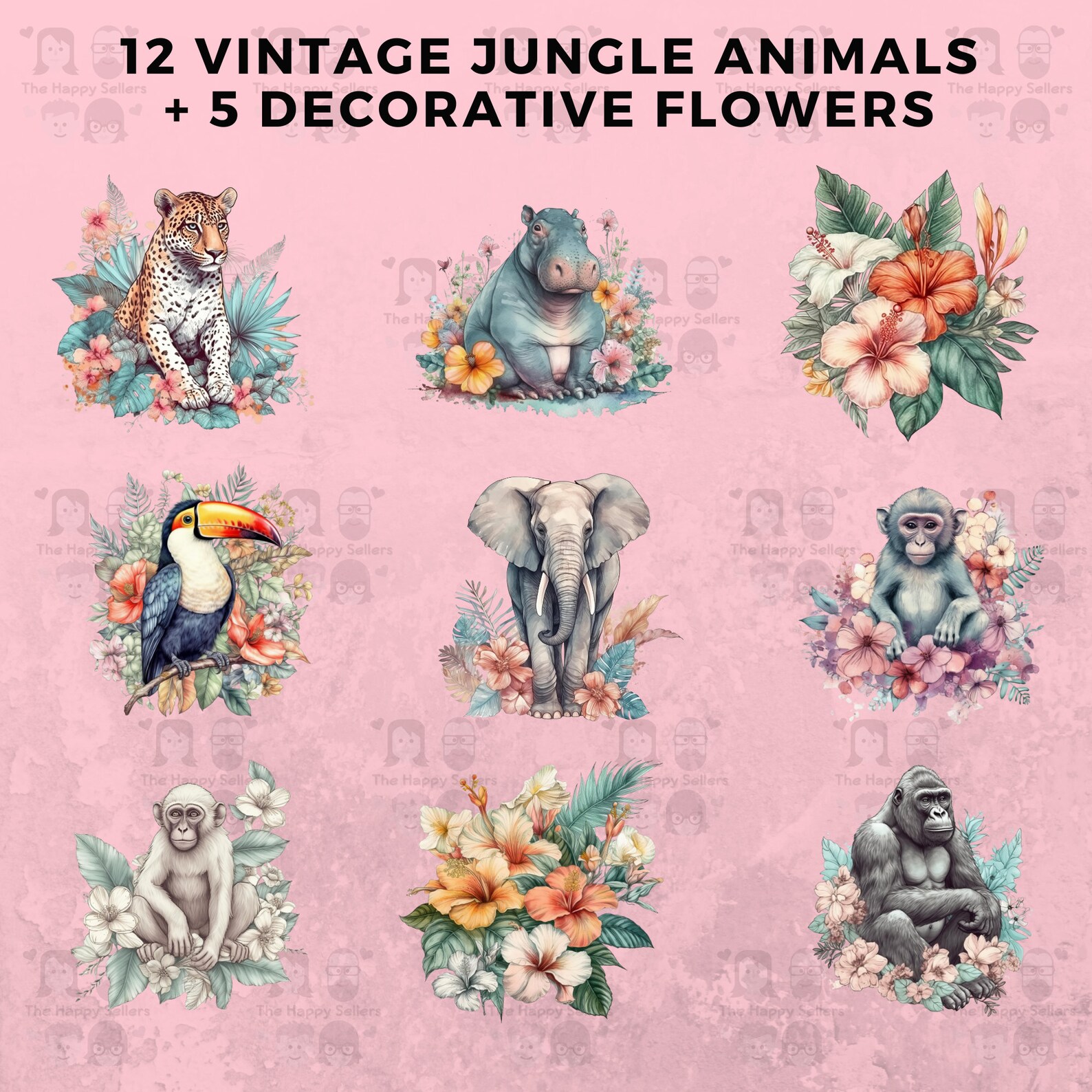 17 Vintage Jungle Animals Clipart Pack INSTANT DOWNLOAD 17 Jungle ...