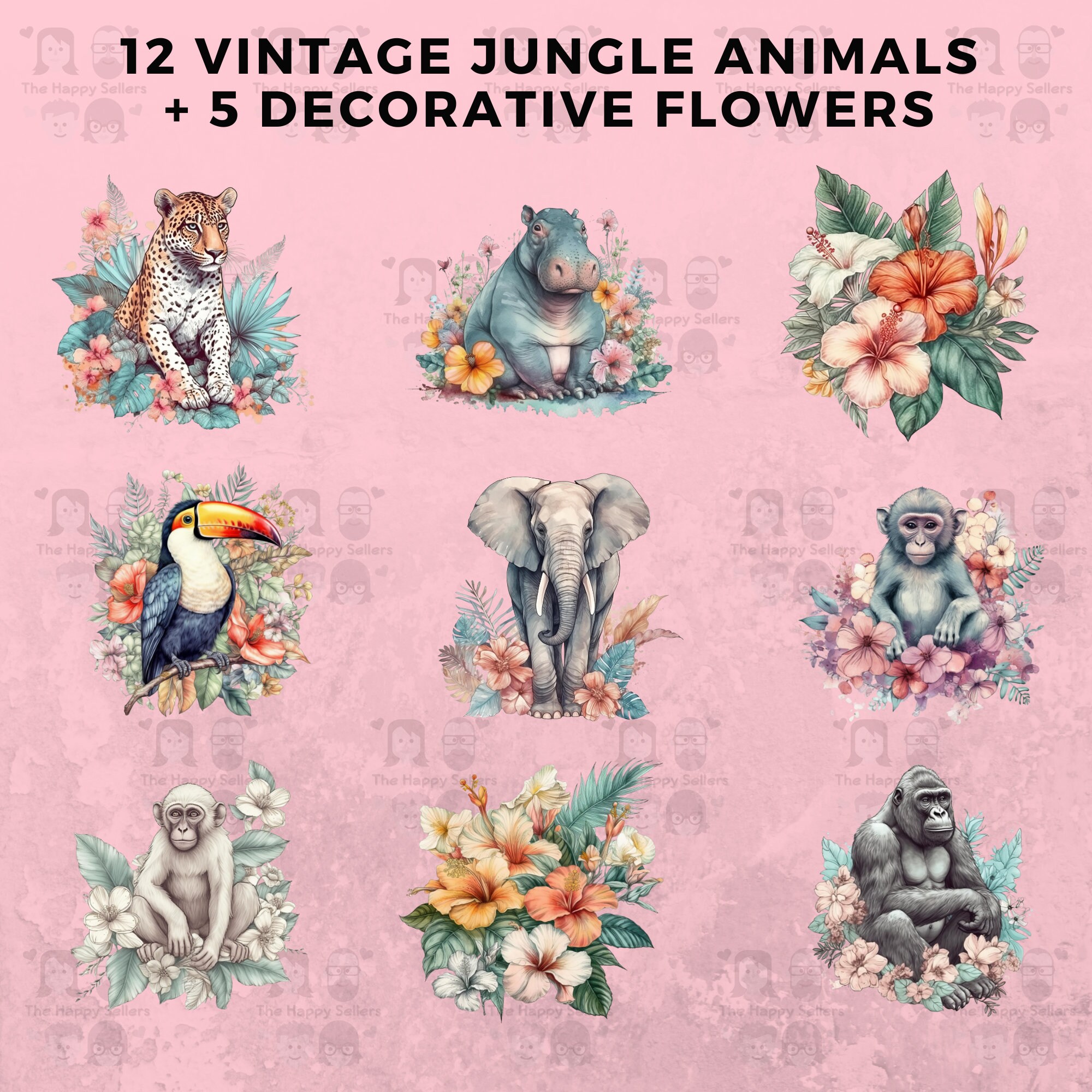 17 Vintage Jungle Animals Clipart Pack INSTANT DOWNLOAD 17 Jungle ...
