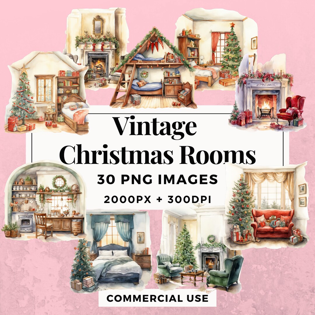30 Vintage Christmas Rooms Clipart Pack INSTANT DOWNLOAD 30 Holiday ...