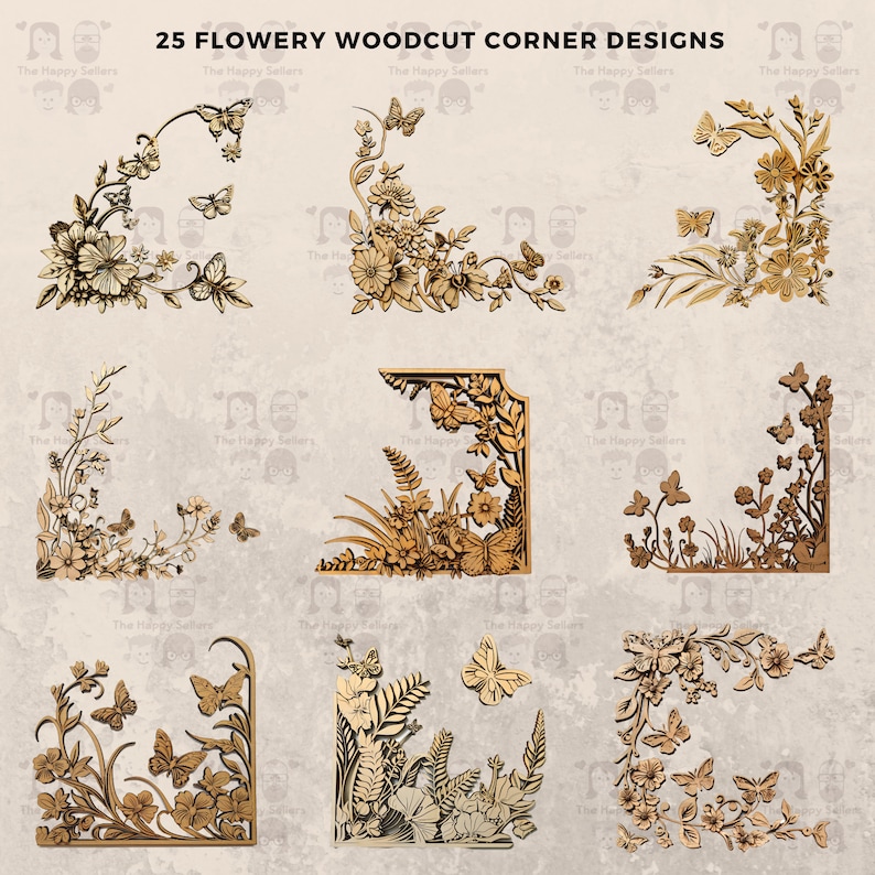 25 Flowery Woodcut Corner Designs Clipart Pack INSTANT DOWNLOAD 25 ...