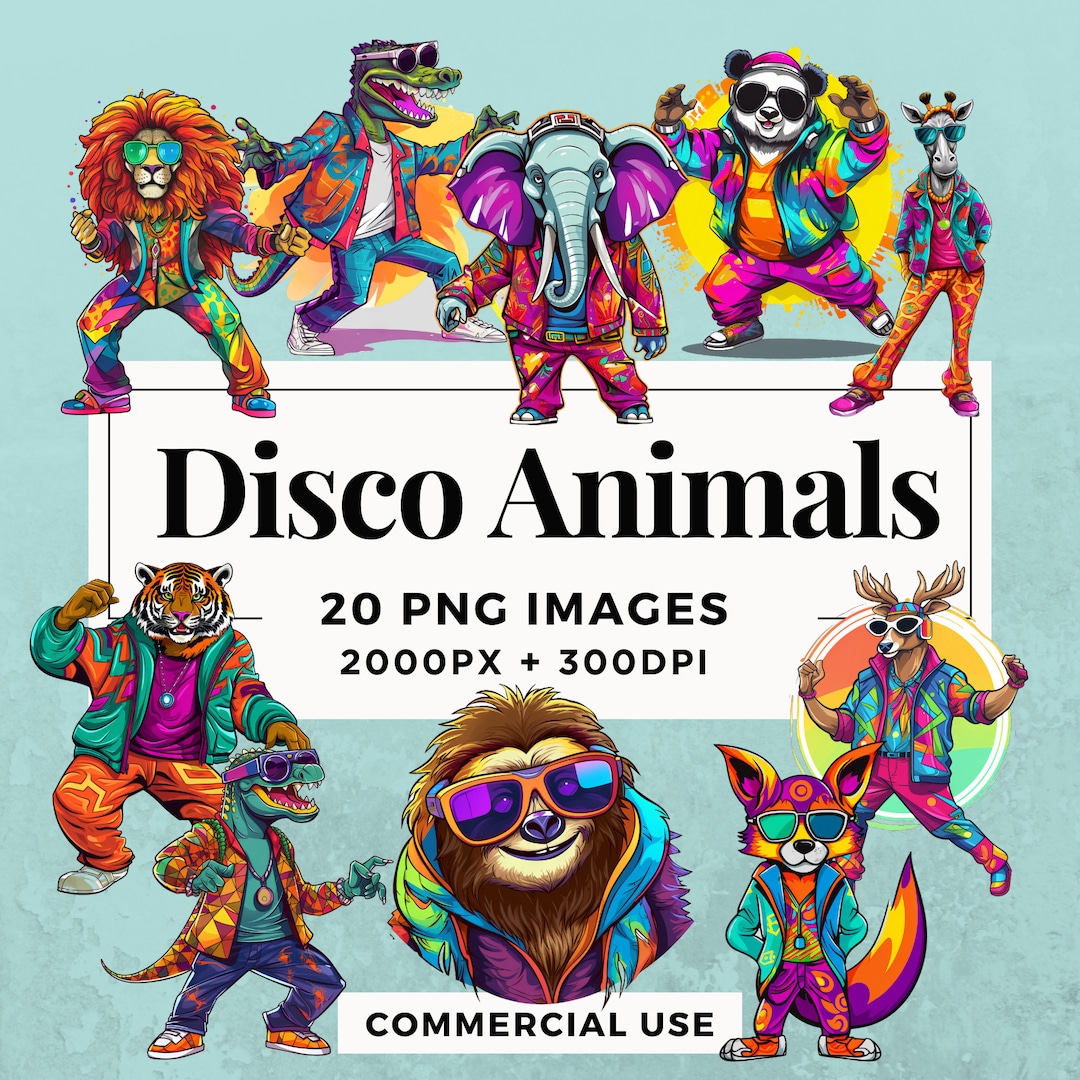20 Disco Animals Clipart Pack INSTANT DOWNLOAD 20 Funky Illustrations ...