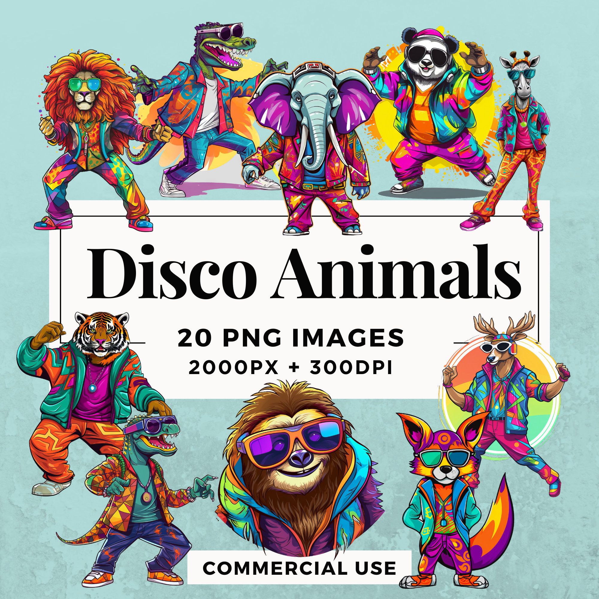 20 Disco Animals Clipart Pack INSTANT DOWNLOAD 20 Funky Illustrations ...