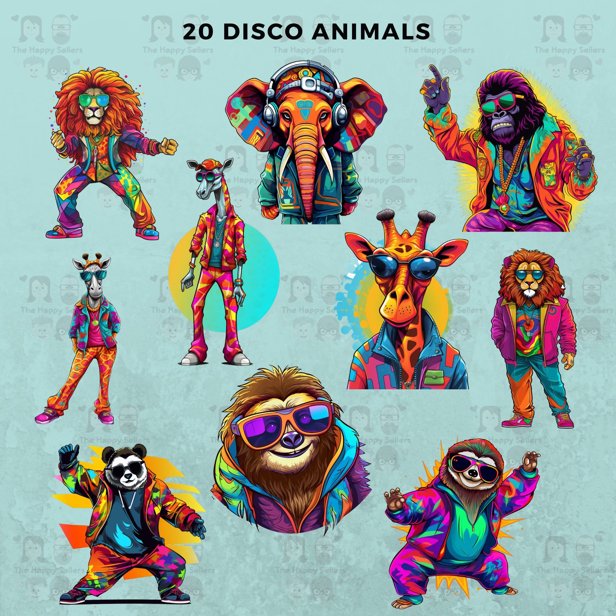 20 Disco Animals Clipart Pack INSTANT DOWNLOAD 20 Funky Illustrations ...