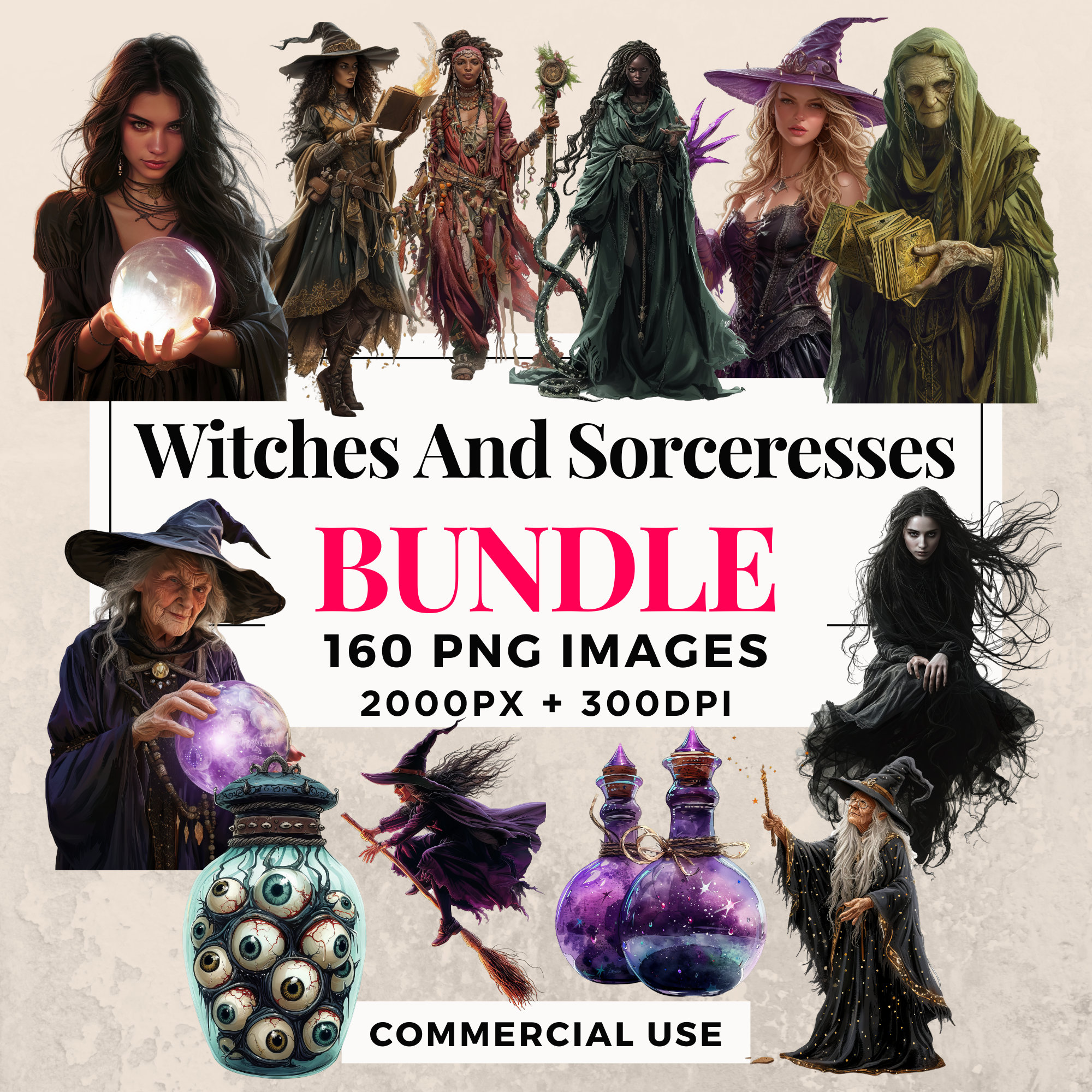 160 Witches and Sorceresses Clipart Bundle - Instant Download, PNG ...