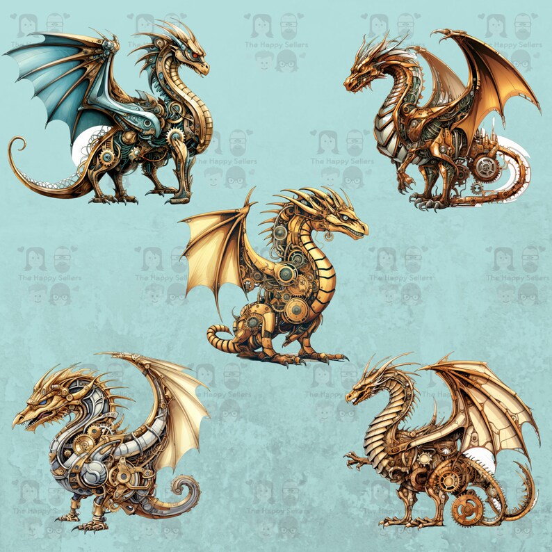 20 Steampunk Dragons Clipart Pack INSTANT DOWNLOAD 20 Mechanical Dragon ...