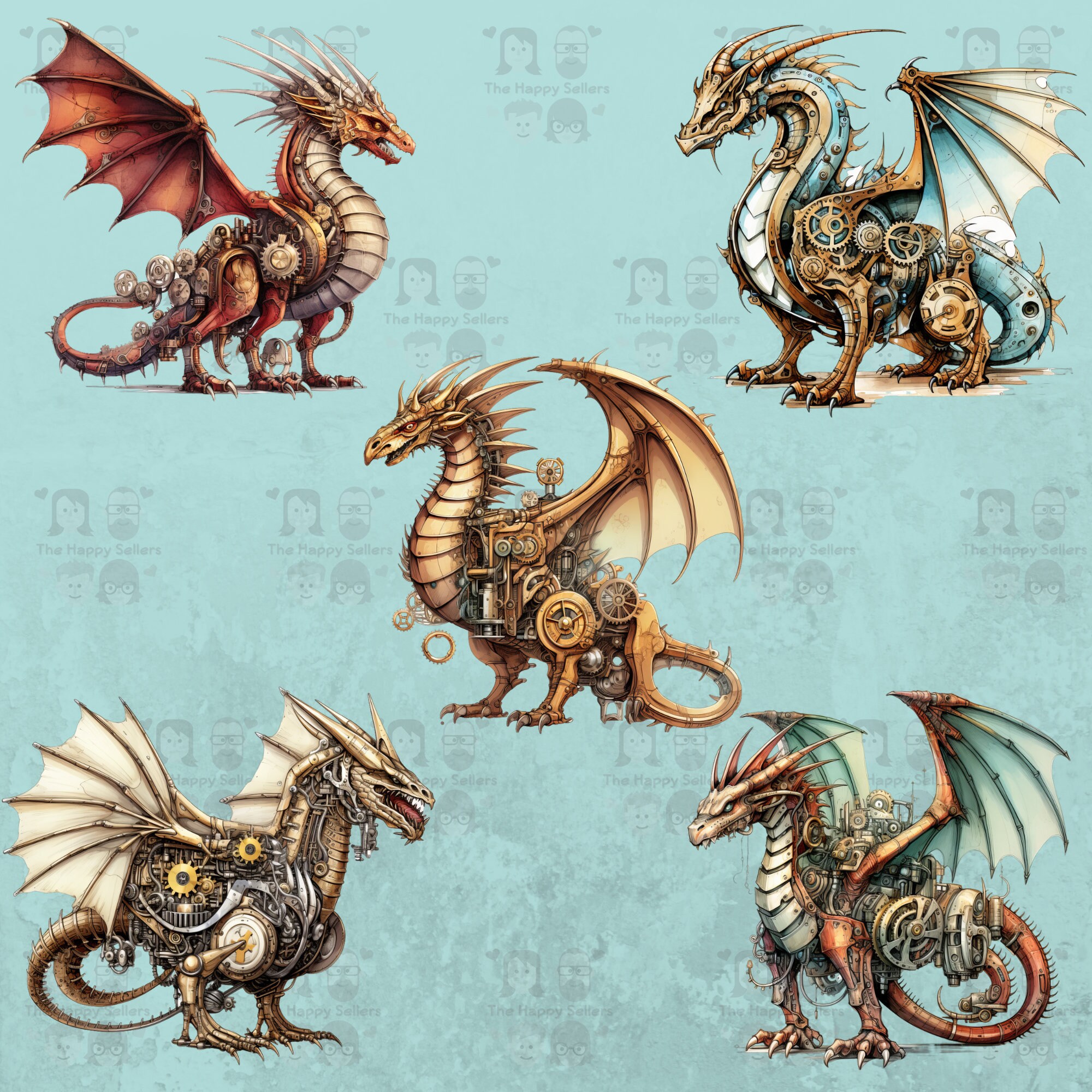 20 Steampunk Dragons Clipart Pack INSTANT DOWNLOAD 20 Mechanical Dragon ...