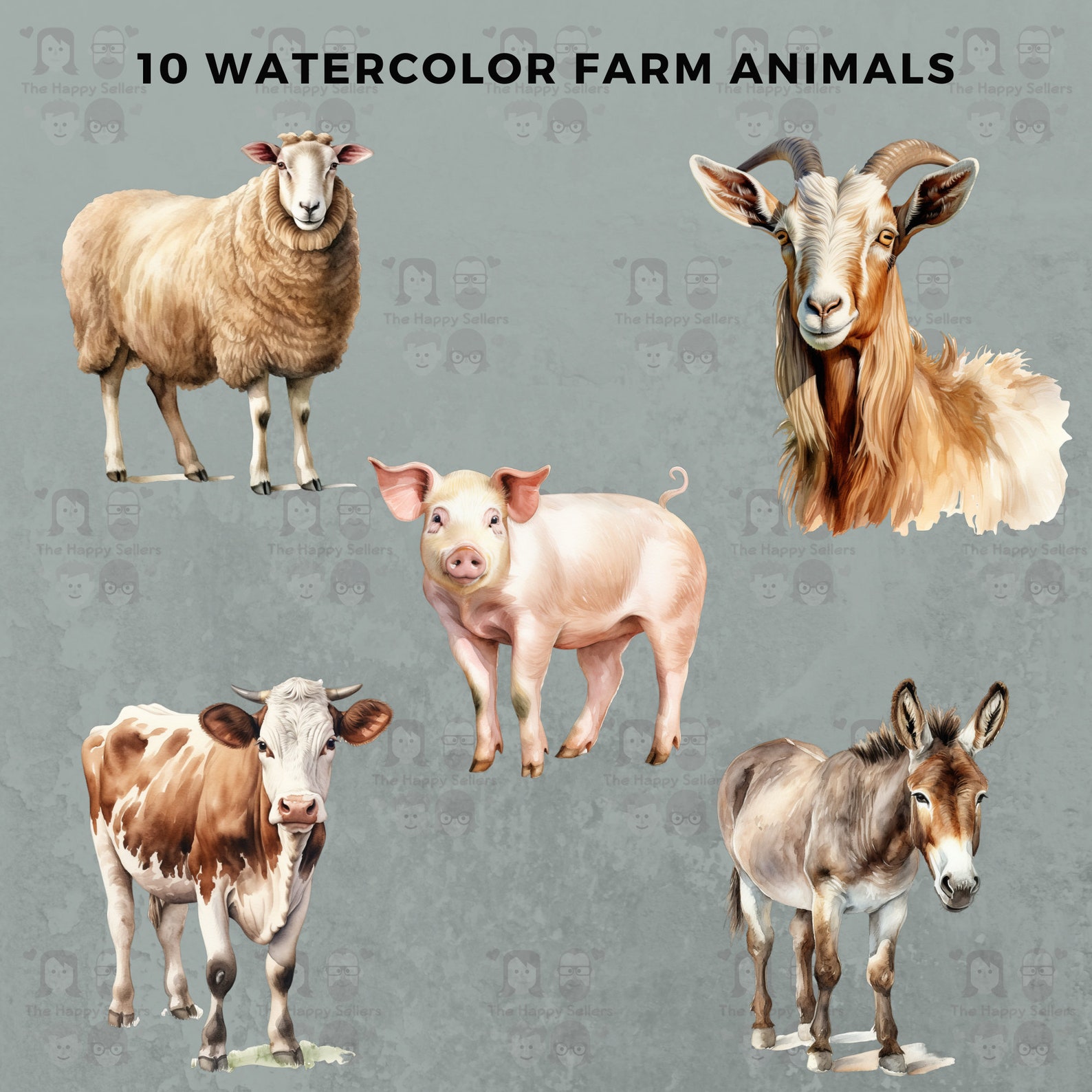 10 Watercolor Farm Animals Clipart Pack - Instant Download, PNG Images ...