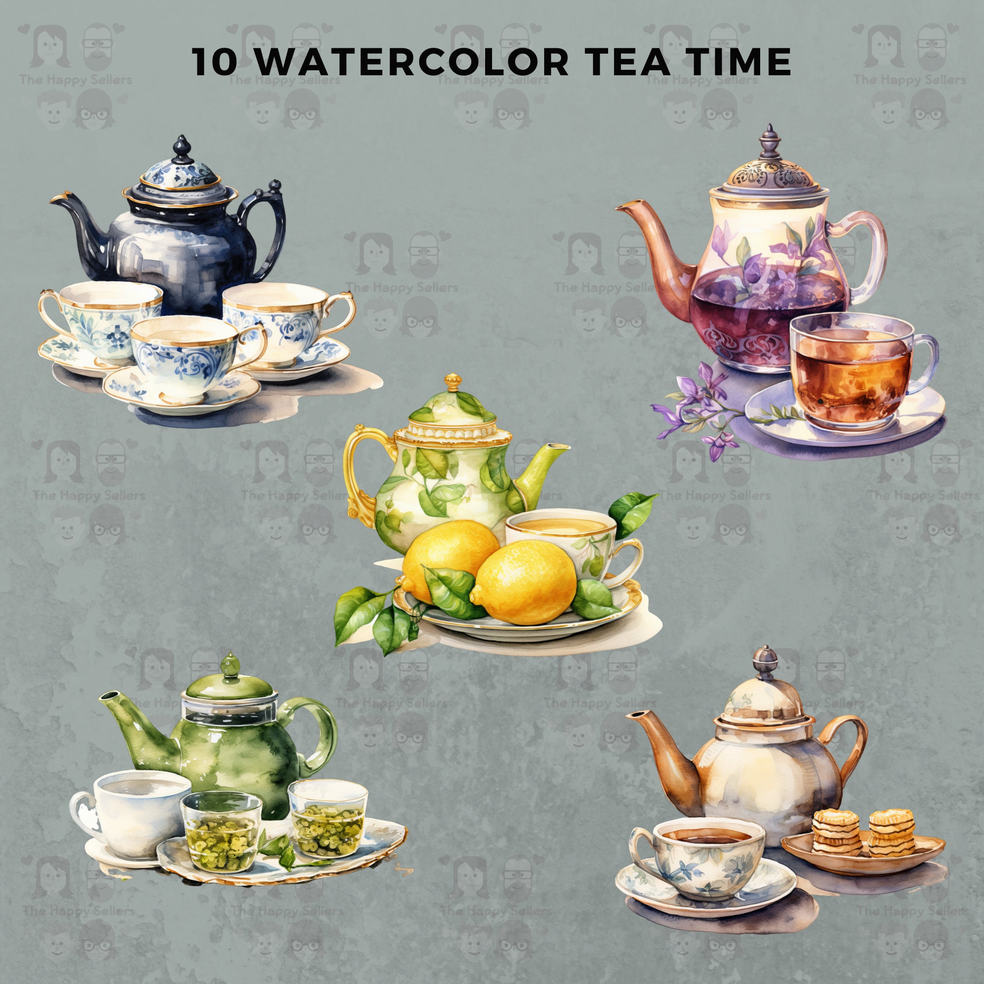 10 Watercolor Tea Time Clipart Pack INSTANT DOWNLOAD 10 Charming Tea ...