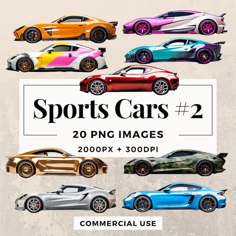 20 Sports Cars Clipart Pack 2 INSTANT DOWNLOAD 20 Sleek Sports Car ...