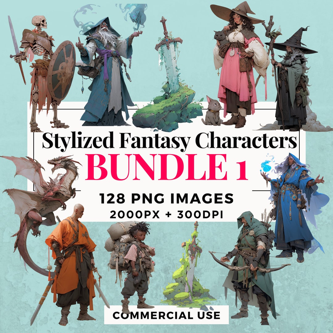 128 Stylized Fantasy Characters Clipart Bundle 1 - Instant Download ...