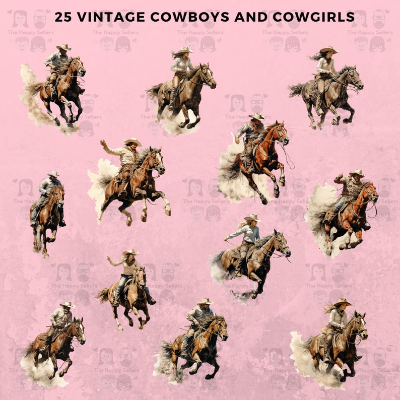 25 Vintage Cowboys and Cowgirls Clipart Pack INSTANT DOWNLOAD, PNG ...