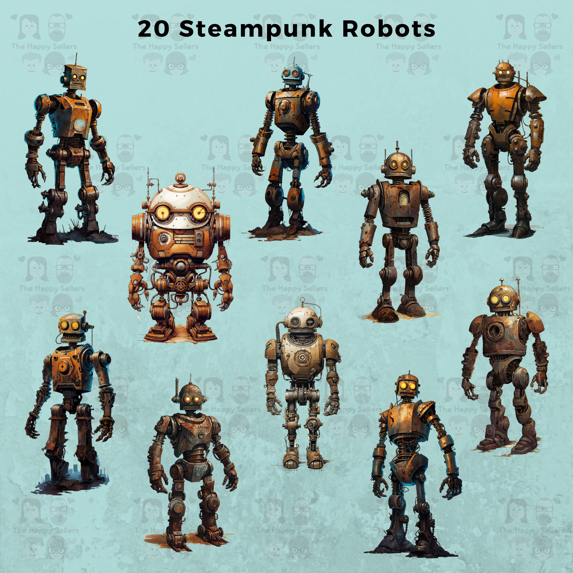 20 Steampunk Robots Clipart Pack INSTANT DOWNLOAD 20 Mechanical Marvels ...