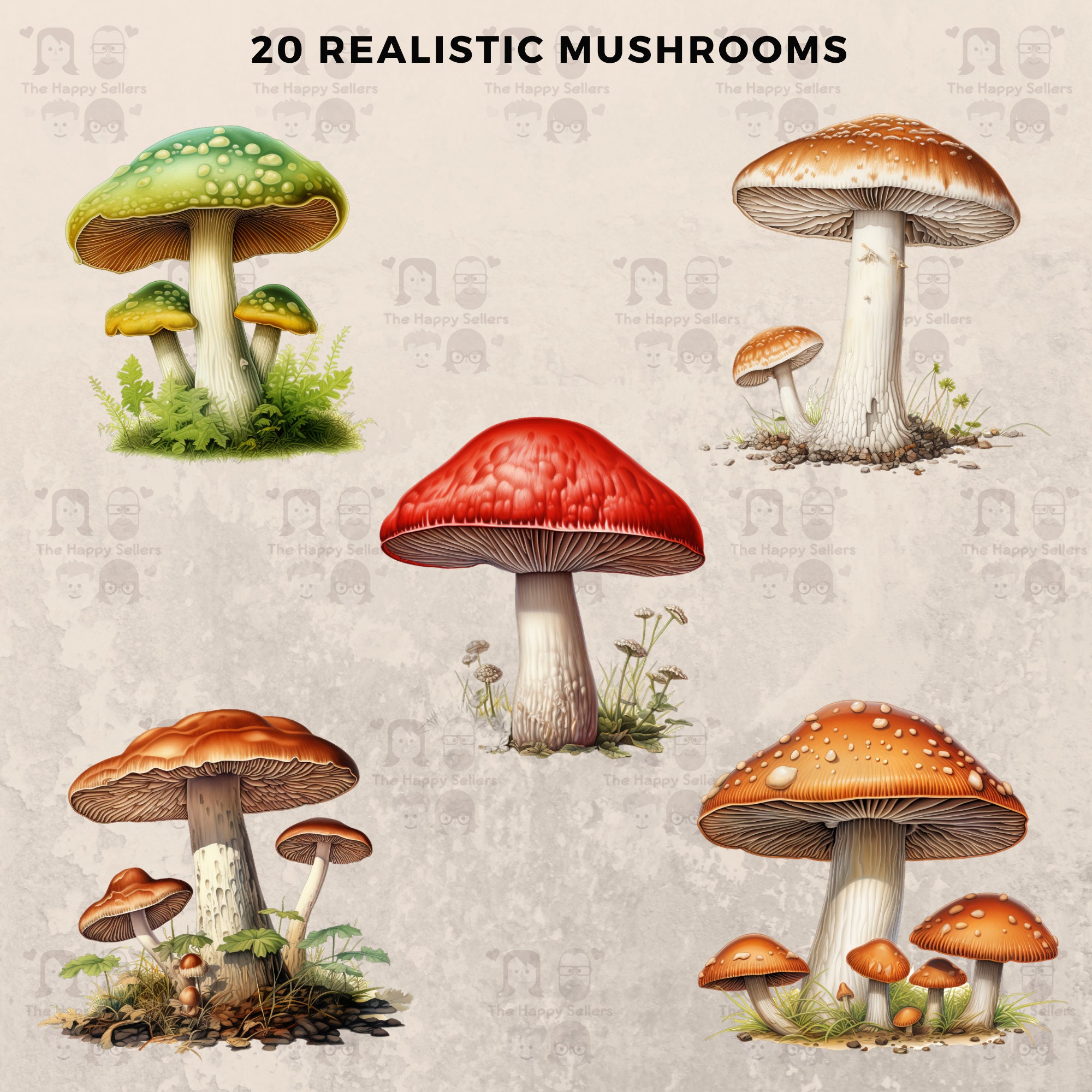 20 Realistic Mushrooms Clipart Pack INSTANT DOWNLOAD 20 Detailed ...