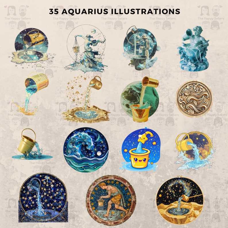 35 Aquarius Clipart Pack INSTANT DOWNLOAD 35 Zodiac Illustrations, PNG ...