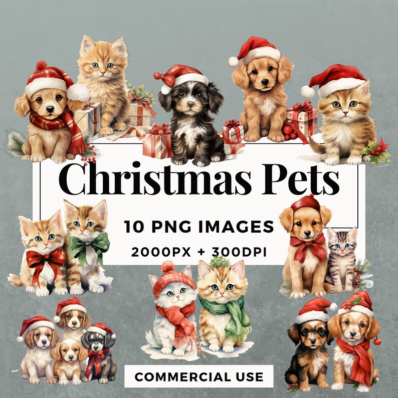 10 Christmas Pets Clipart Pack INSTANT DOWNLOAD 10 Adorable Festive Pet ...