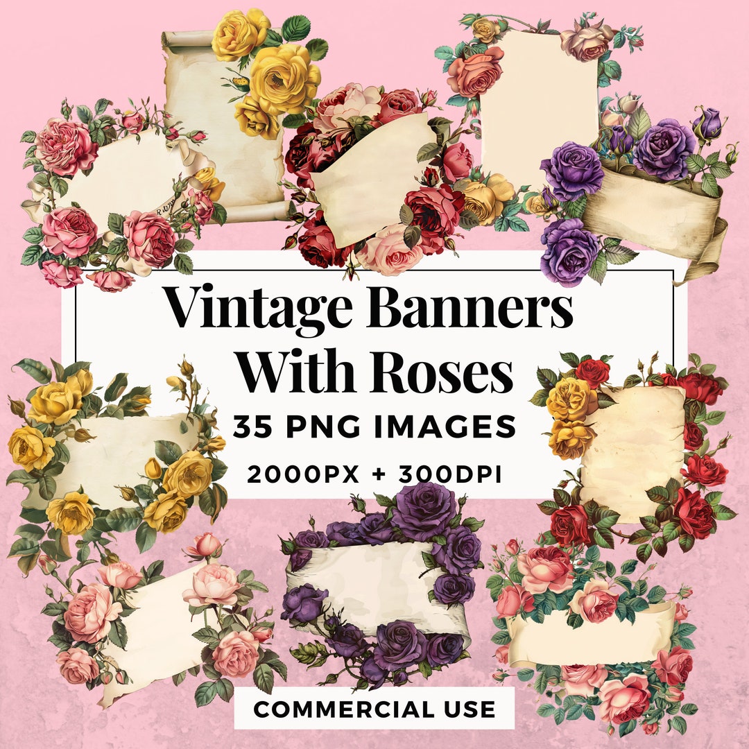 35 Vintage Banners With Roses Clipart Pack - INSTANT DOWNLOAD, PNG ...