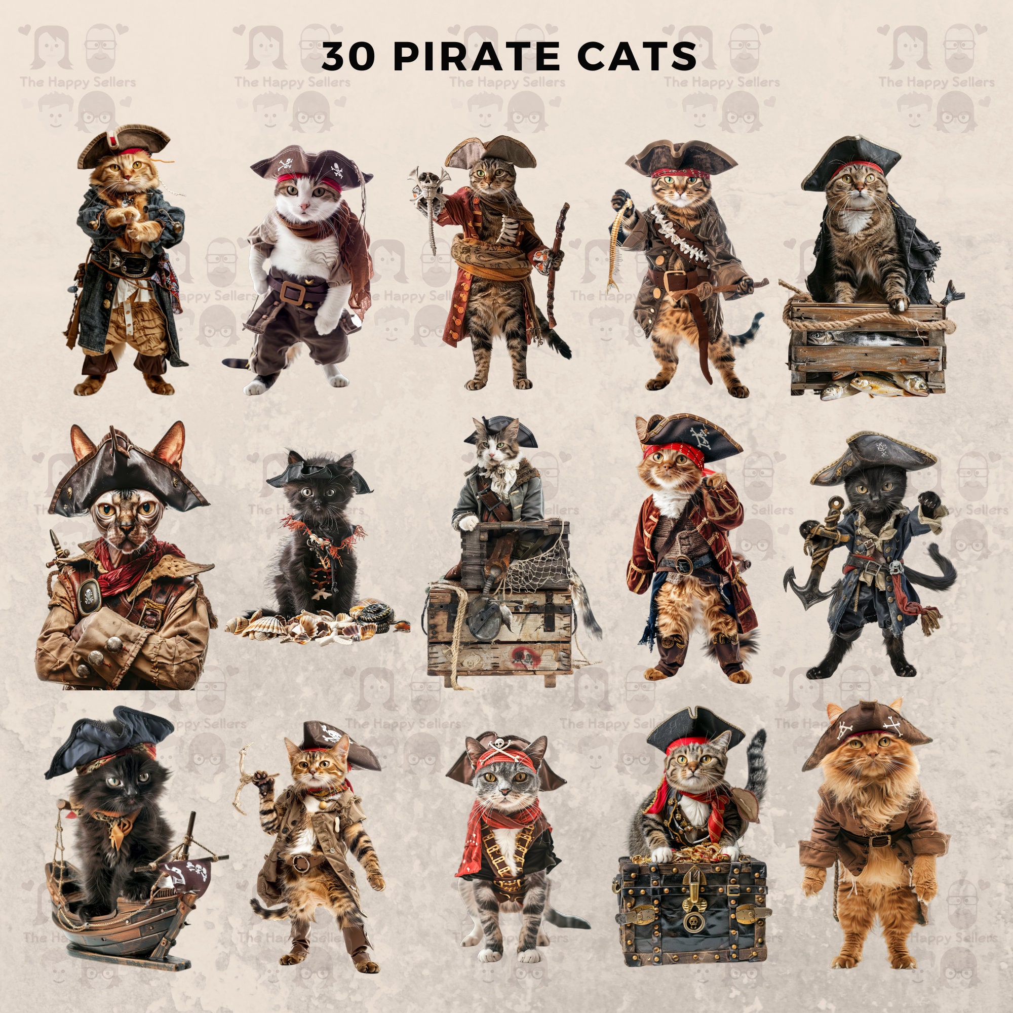 30 Pirate Cats Clipart Pack INSTANT DOWNLOAD 30 Swashbuckling Feline ...