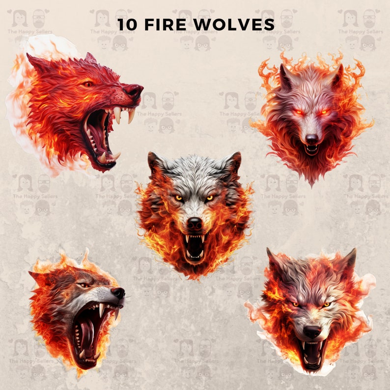 10 Fire Wolves Clipart Pack INSTANT DOWNLOAD 10 Fierce Fire Wolf ...