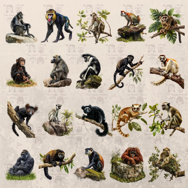 35 Lemurs, Monkeys, and Apes Clipart Pack - INSTANT DOWNLOAD, PNG ...