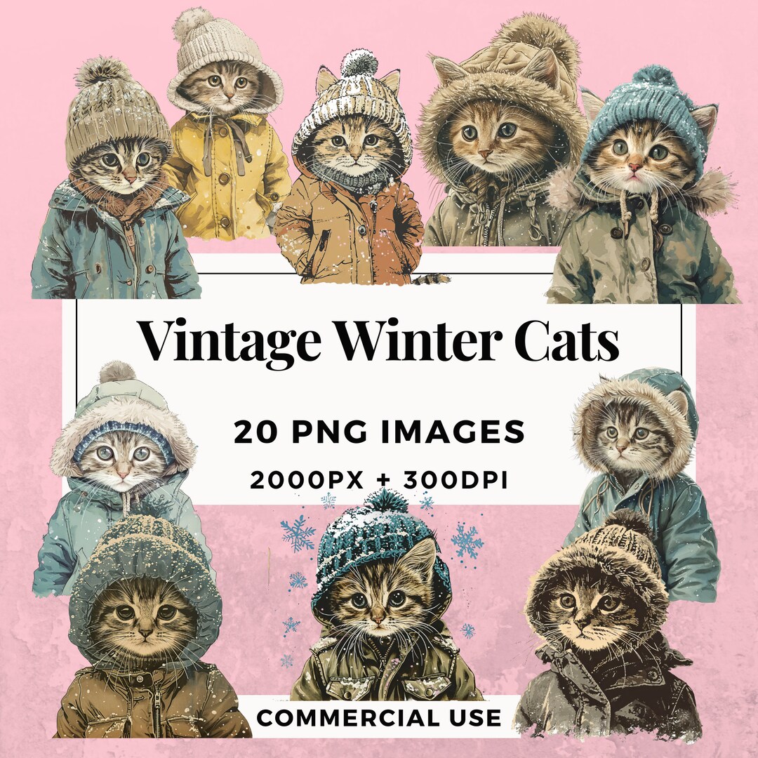 20 Vintage Winter Cats Clipart Pack INSTANT DOWNLOAD 20 Illustrations ...