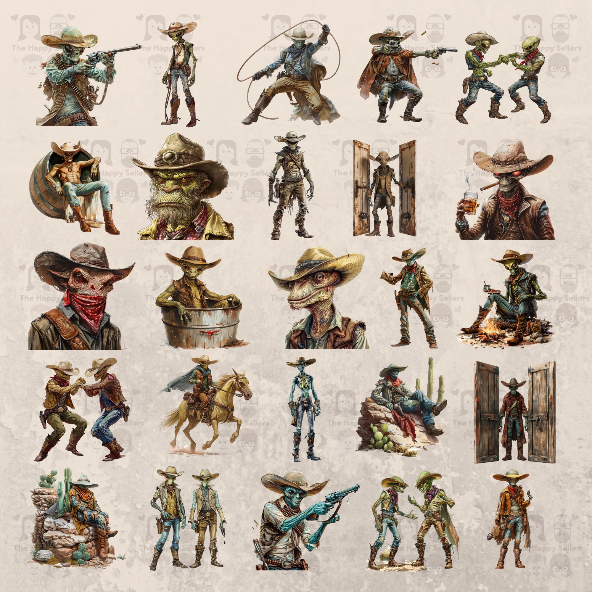 70 Alien Cowboys Clipart Pack INSTANT DOWNLOAD 70 Cosmic Cowboy ...