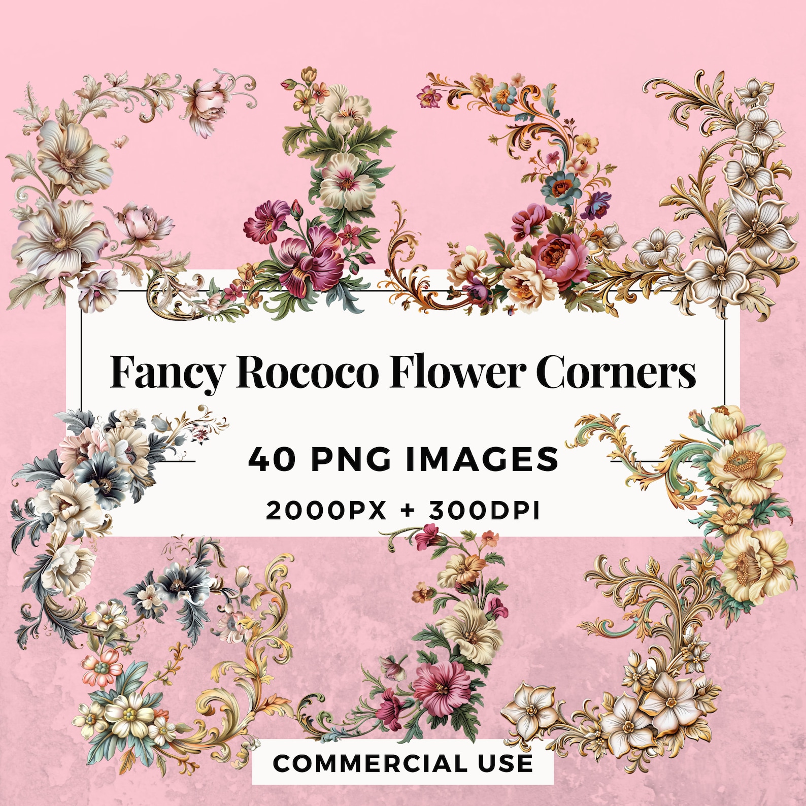 40 Fancy Rococo Flower Corners Clipart Pack - INSTANT DOWNLOAD, PNG ...