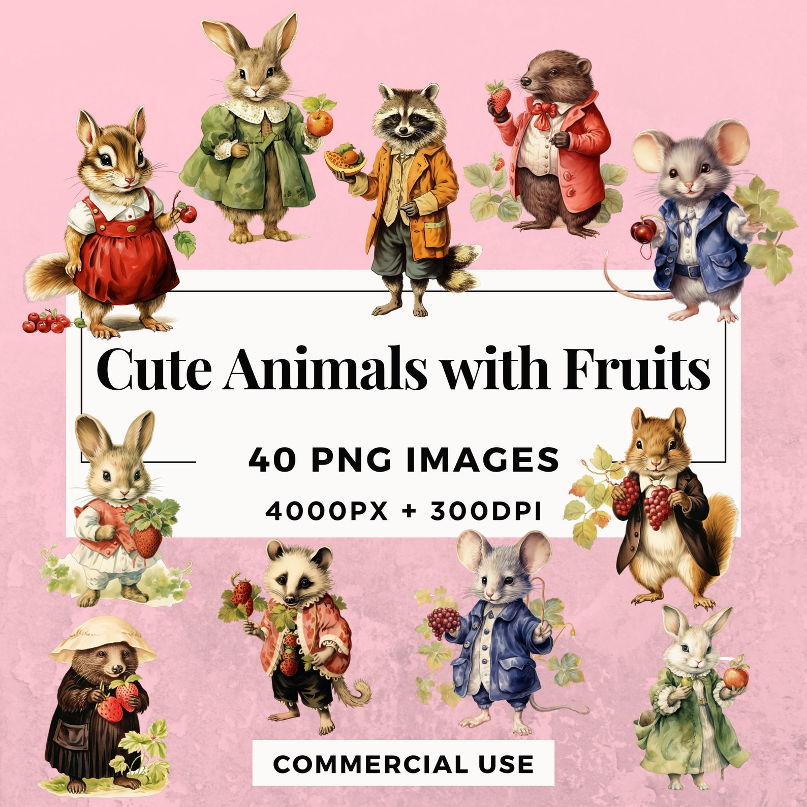 40 Cute Animals With Fruits Clipart Pack INSTANT DOWNLOAD Animal ...